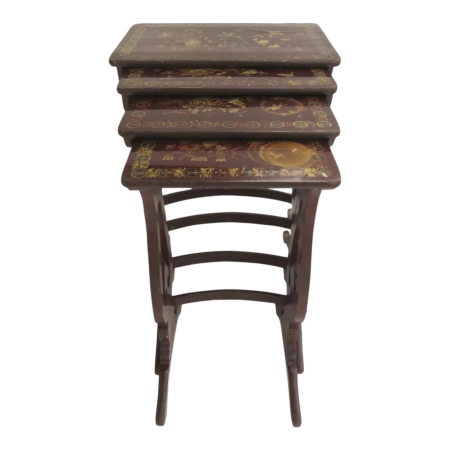 19th Century Dark Red Lacquer with Gilt Nesting Tables - Set of 4 ...