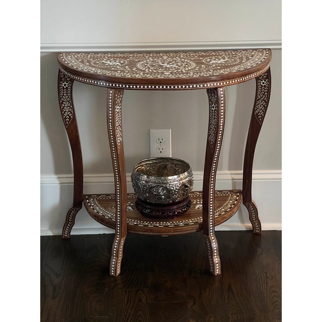 Vintage Indian Bone Hand Inlay Elephants Ornate Console Table Demi Lune ...