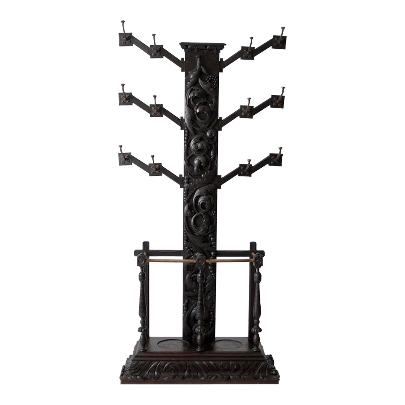 Antique Gothic Revival Carved Wood Hall Tree | Chairish