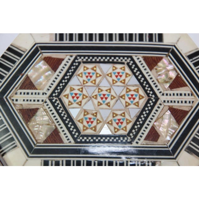 Moorish White Hexagonal Box With Inlaid Mosaic Marquetry | Chairish