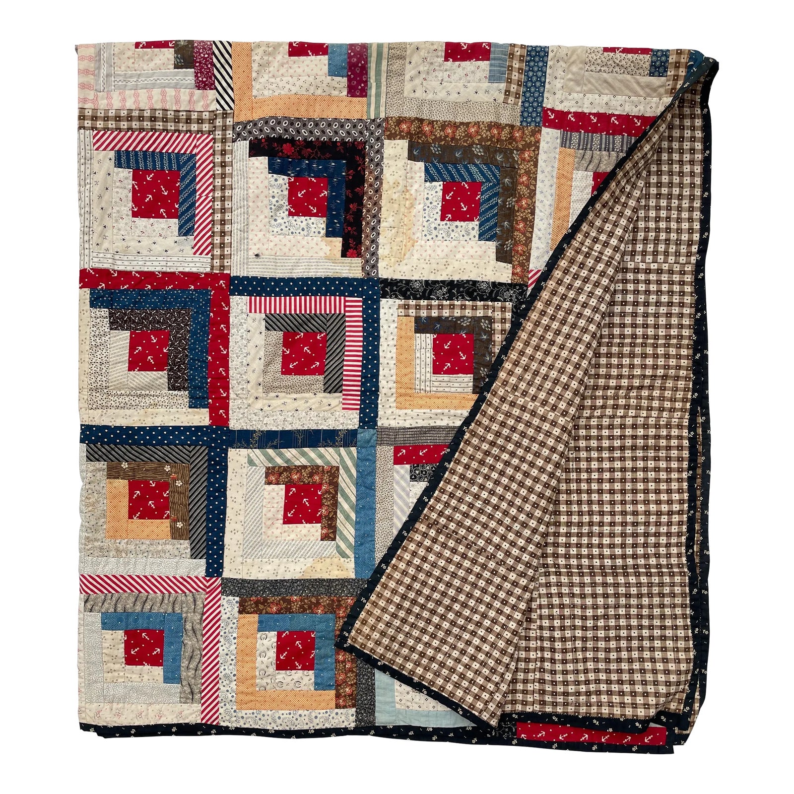 Antique Log Cabin Patterned Patchwork Quilt. - | Chairish