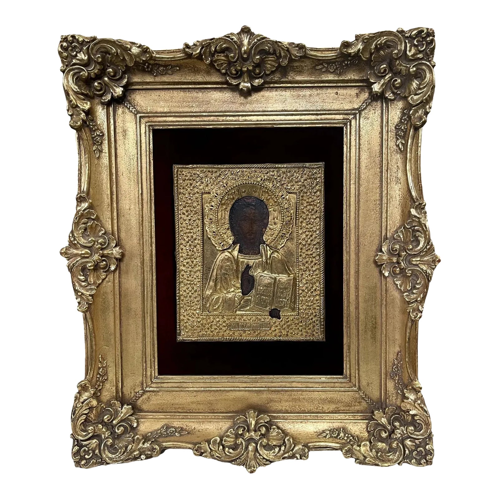 19th Century Icon of Christ Pantocrator With Gold Metal and Gilt Frame ...