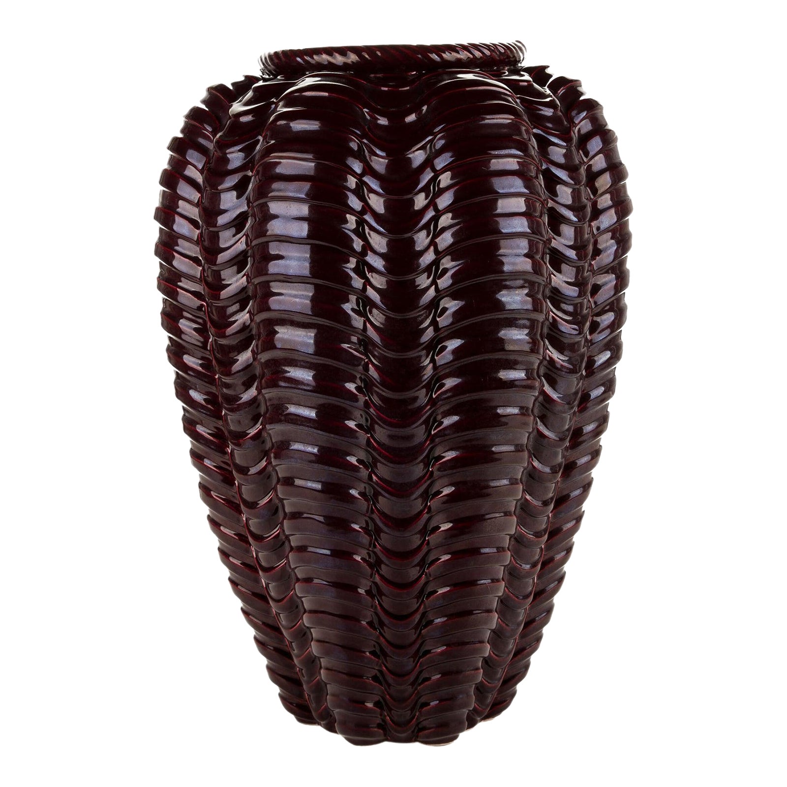 1990s Contemporary Modern Large Ribbed Ceramic Vase Dark Brown Burgundy ...