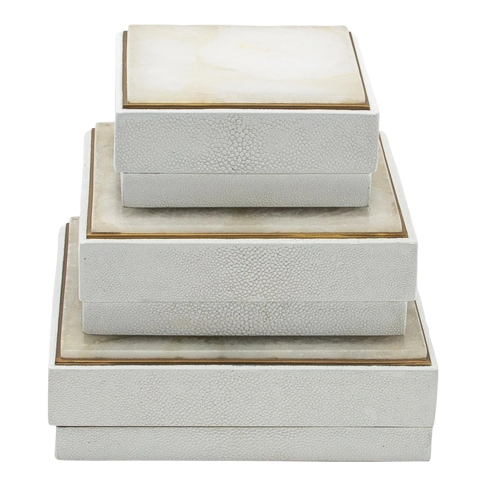 Set of 3 Square Boxes in White Shagreen and White Quartz With Brass ...