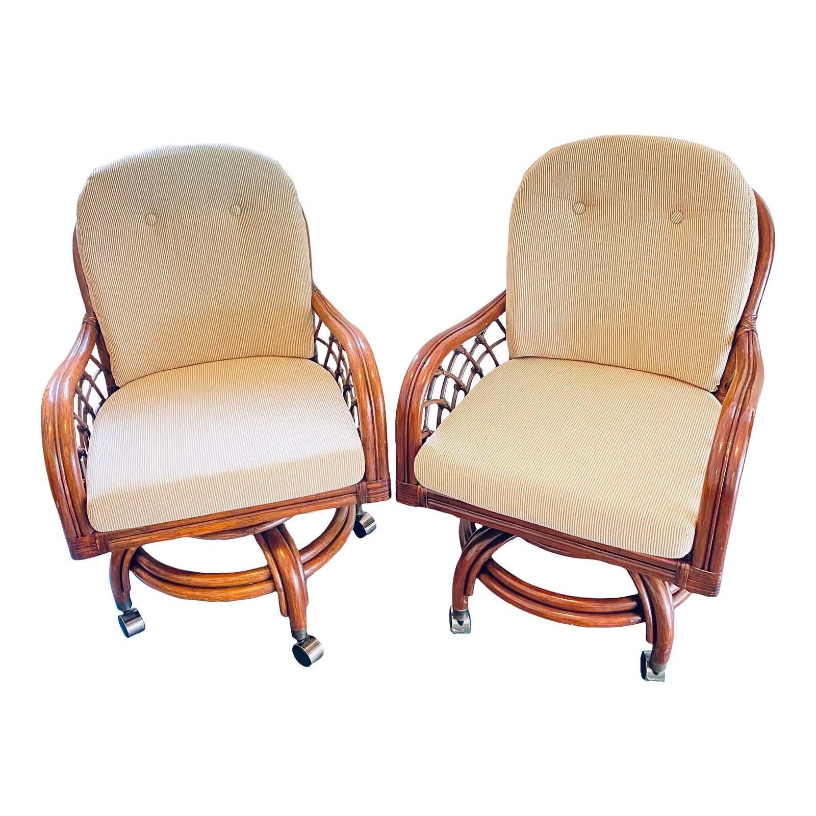 Rattan Grand Isle Swivel Tilt Caster Arm Chairs - Set of 2 | Chairish