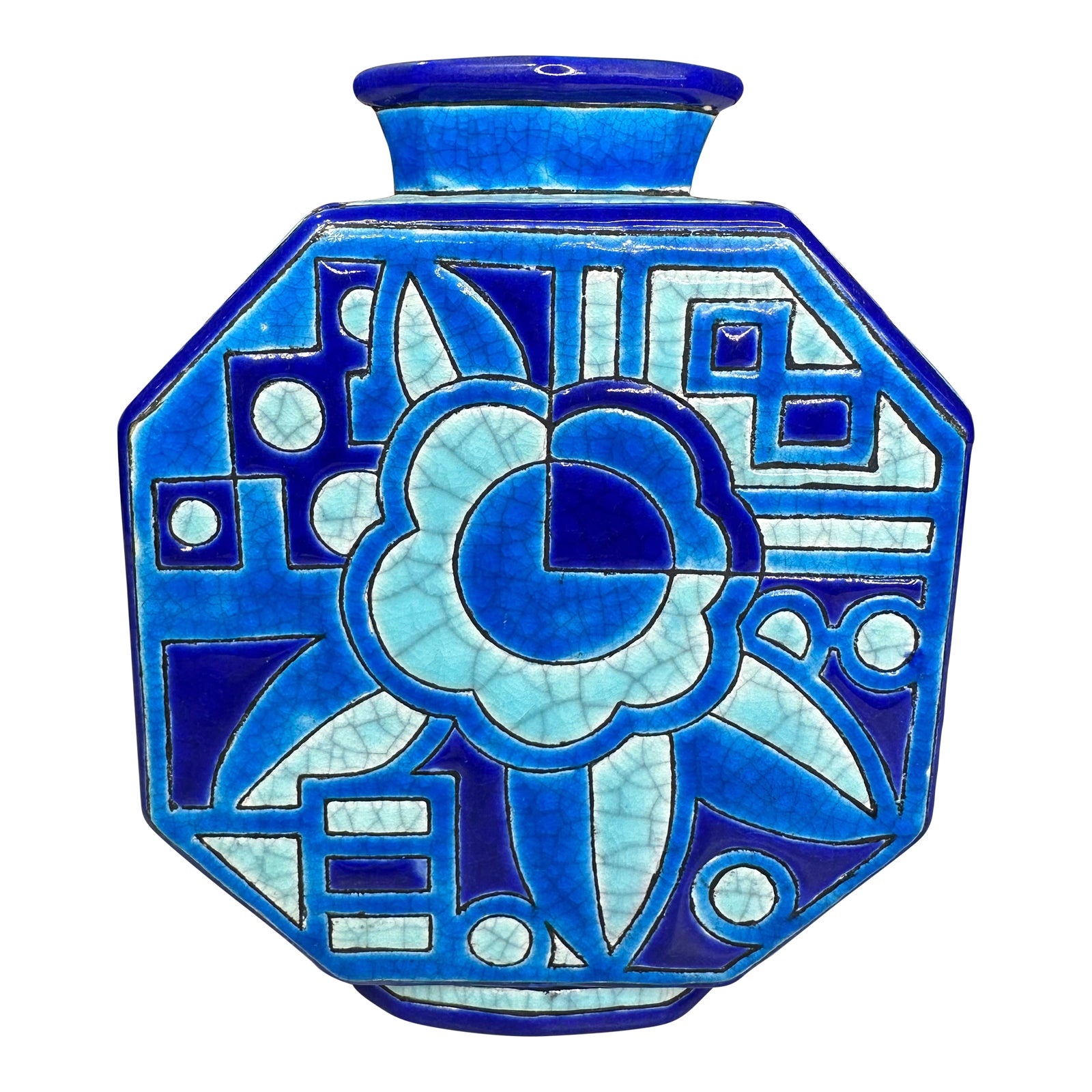 1920s Art Deco Longwy France Enameled Floral Octagon Vase | Chairish