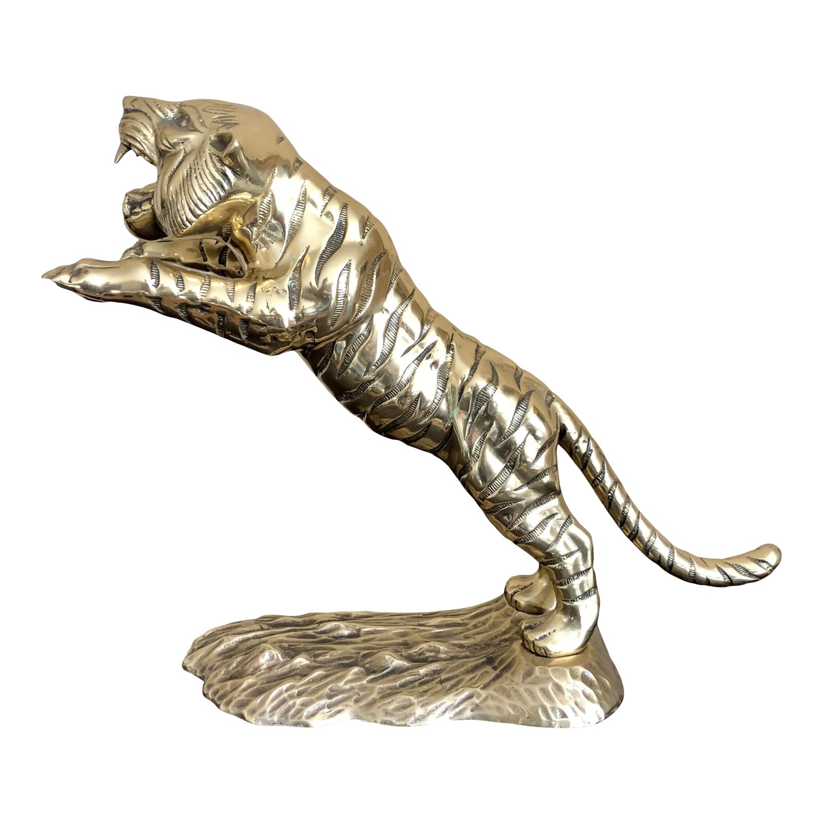 Vintage Polished Brass Leaping Tiger Statue | Chairish