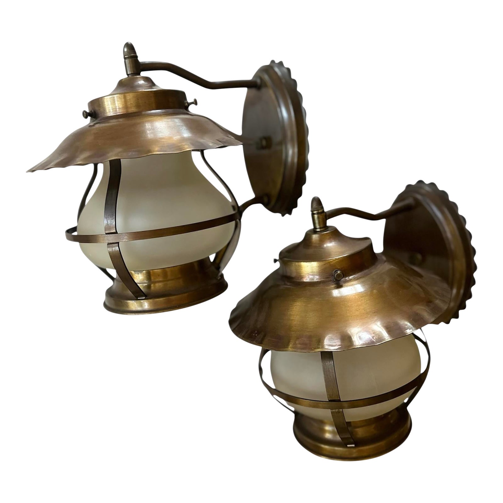 Mid 20th Century Brass Caged Outdoor Lanterns With Original Patina - a ...