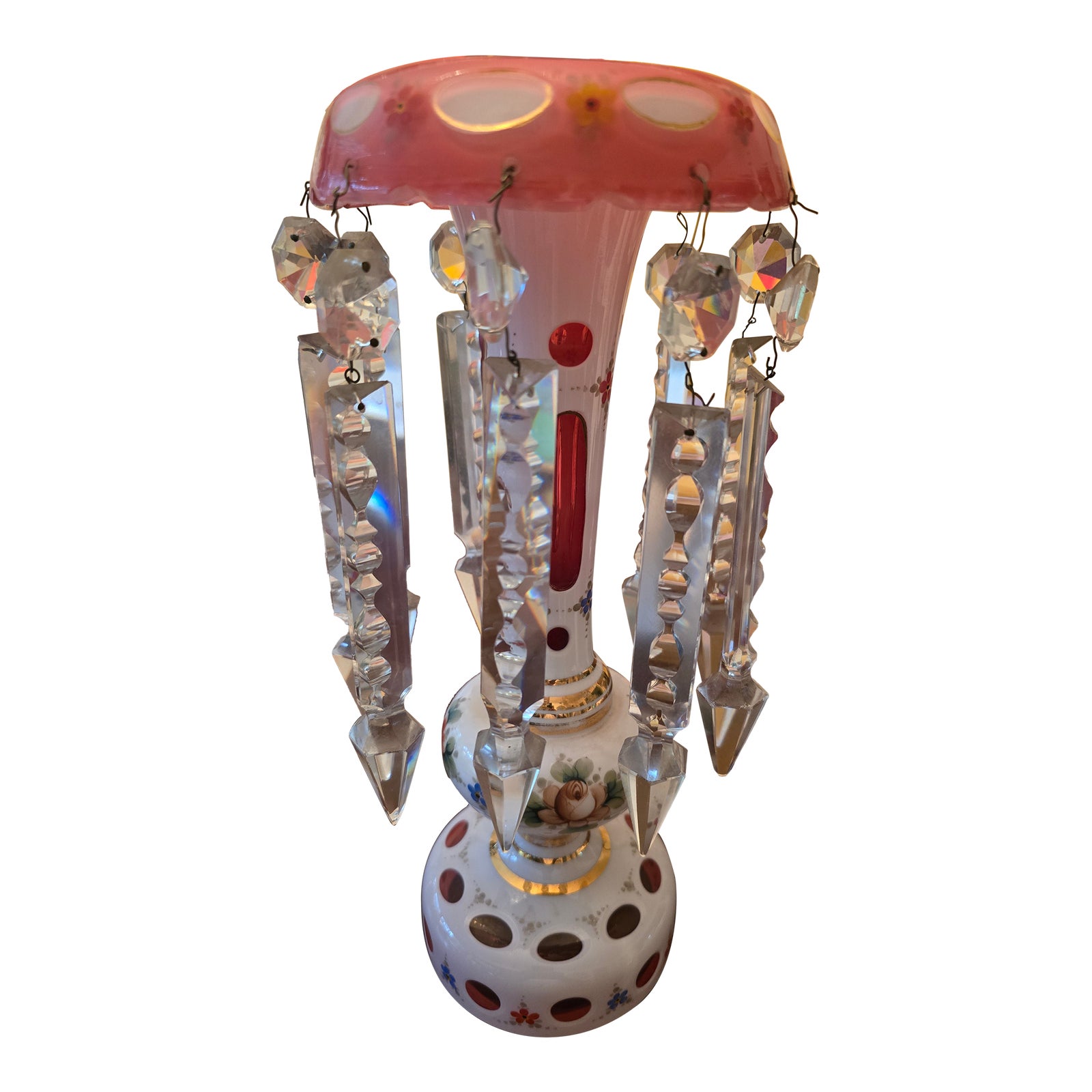 Antique Moser Bohemian Glass Pink Salmon Crystal Lustre | Chairish