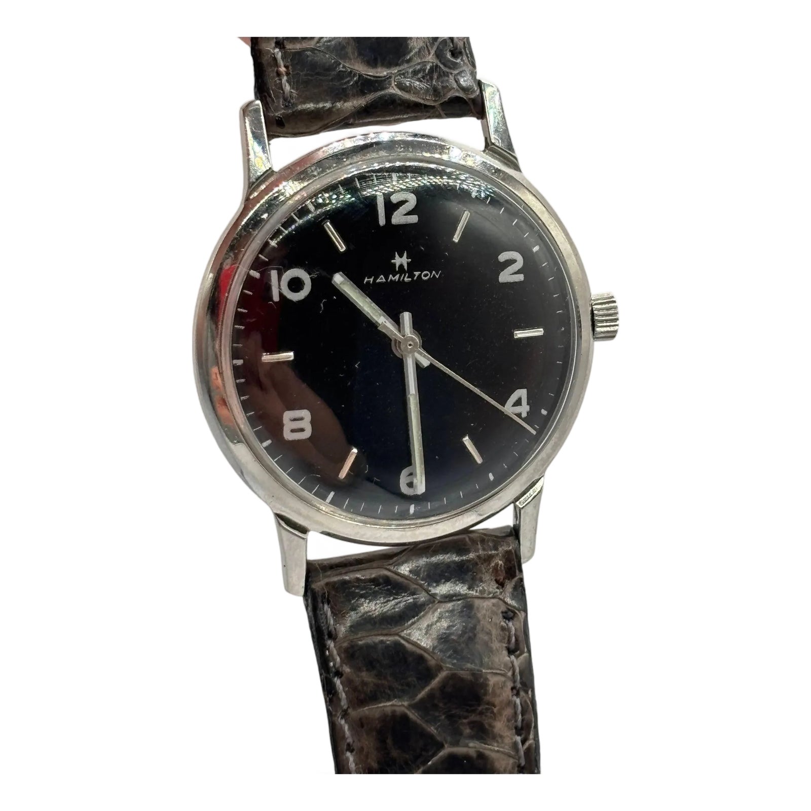 1950 Hamilton Thin-O-Matic Wristwatch W/ Black Dial on Leather Band ...