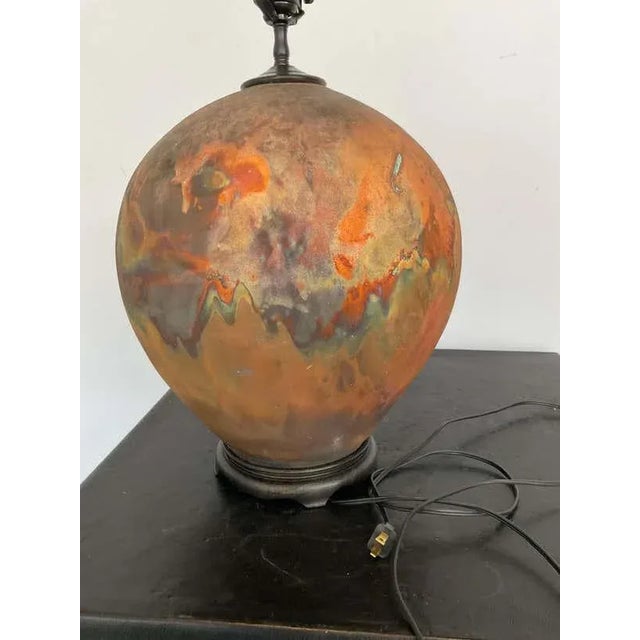1990s Round Ceramic Raku Multi Color Orange Lamps - A Pair | Chairish