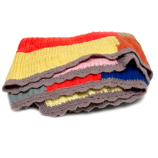 Vintage Mid-Century Hand-Knit Colorful Patchwork Blanket | Chairish