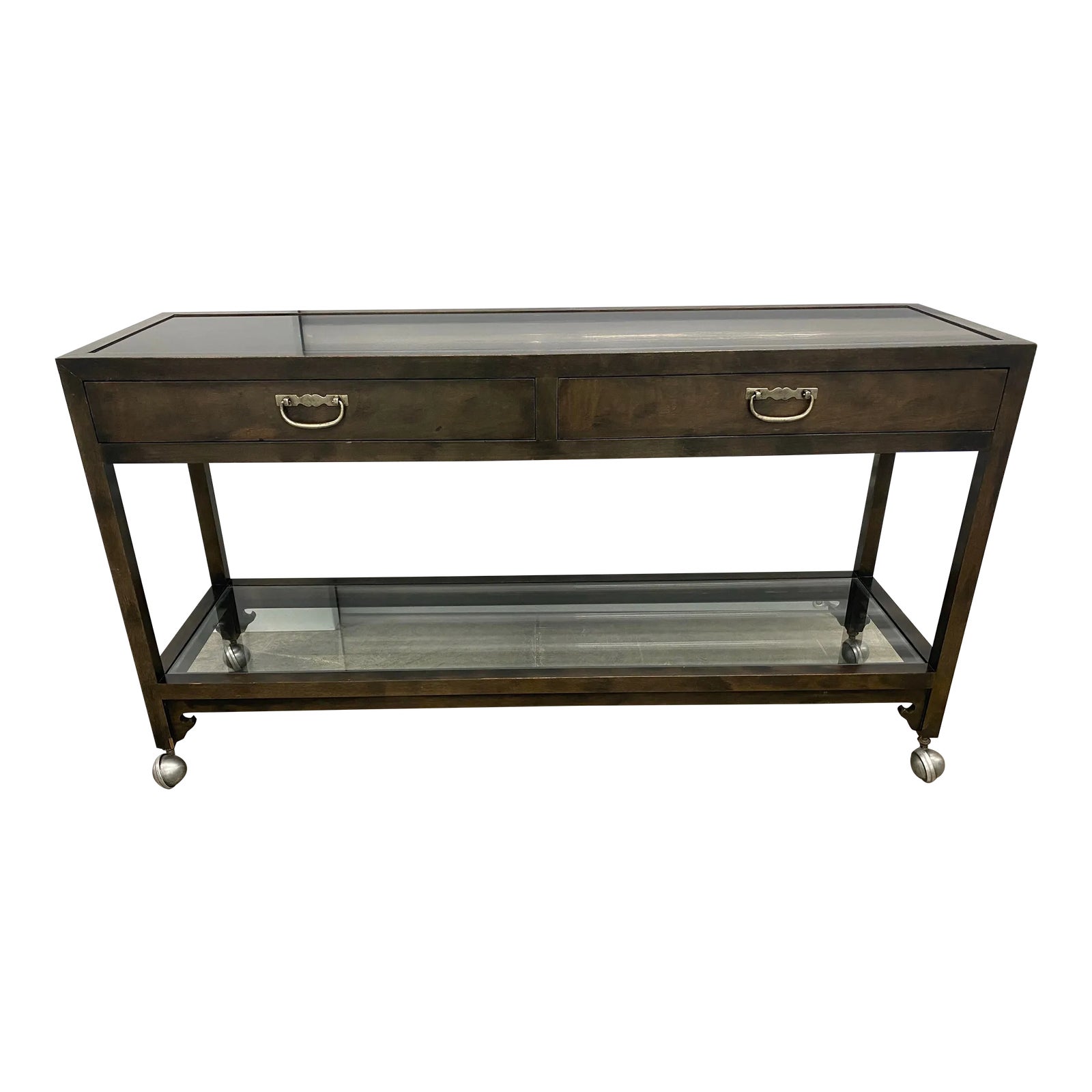 Baker Furniture Wood Sofa Console Entry Table on Casters With Glass Top ...