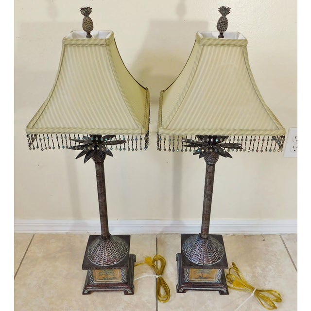 Pair Tall Vintage Palm Beach Style Palm Tree Table Lamps Beaded Silk ...
