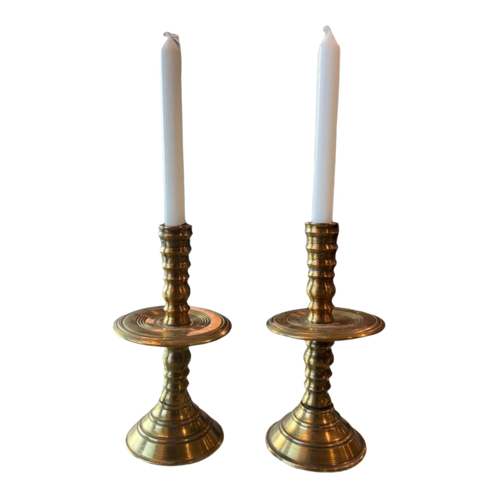 Antique Lathed Brass Mid-Drip Candlesticks - a Pair | Chairish