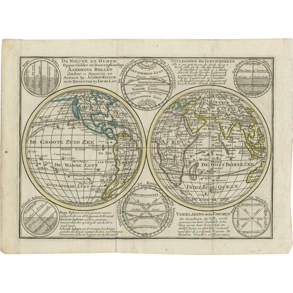 World in Hemispheres with Six Diagrams, 1788 | Chairish