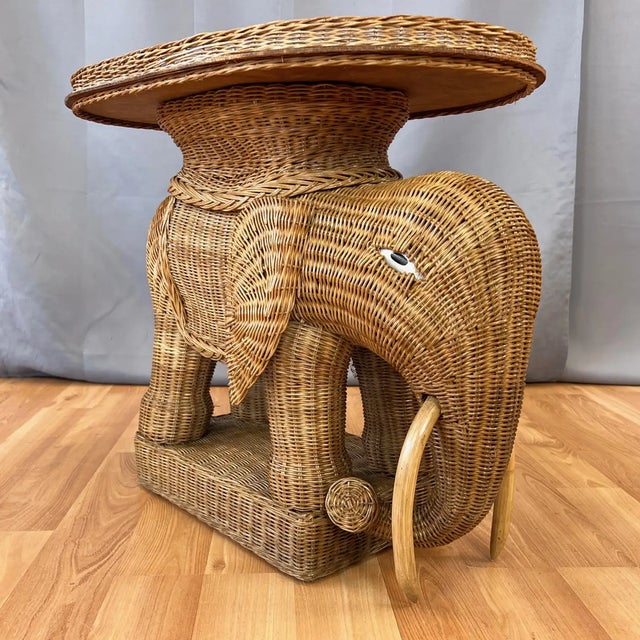 Vintage Boho Chic Natural Wicker & Rattan Elephant Side Table With Tray ...