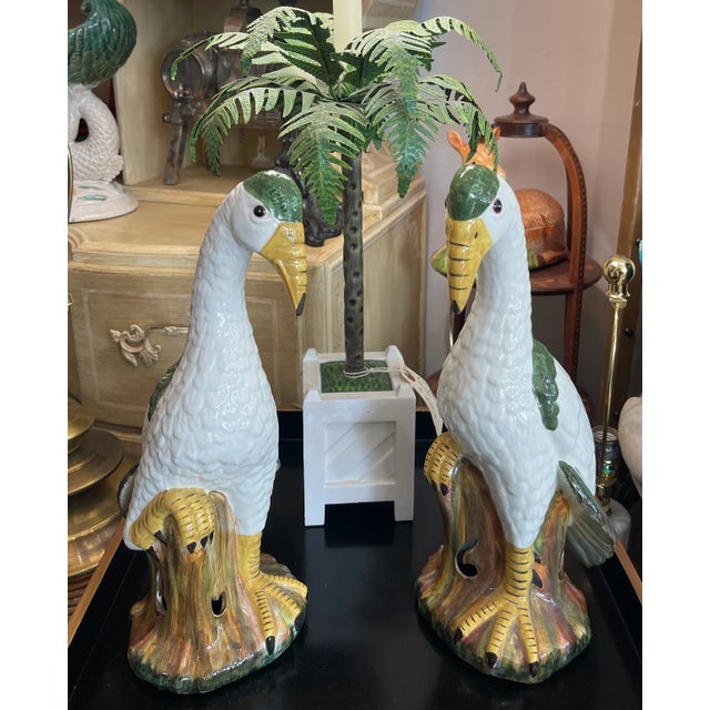 Pair of Italian Glazed Ceramic Decorative Birds in White & Green | Chairish
