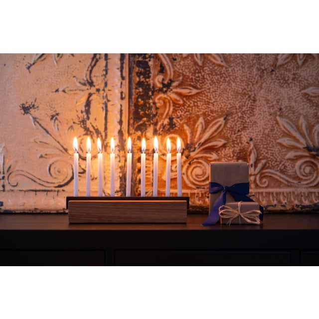 Modern Industrial Menorah in White Oakwood and Steel | Chairish