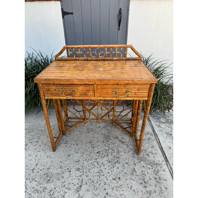 Mid 20th Century Vintage Burnt Bamboo Writing Desk | Chairish
