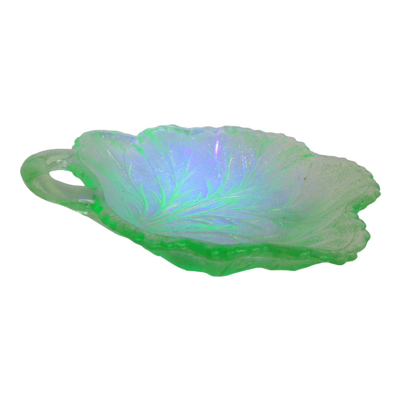 Uranium Glass Cabbage Leaf Candy Server Nappy Dish 4571b | Chairish