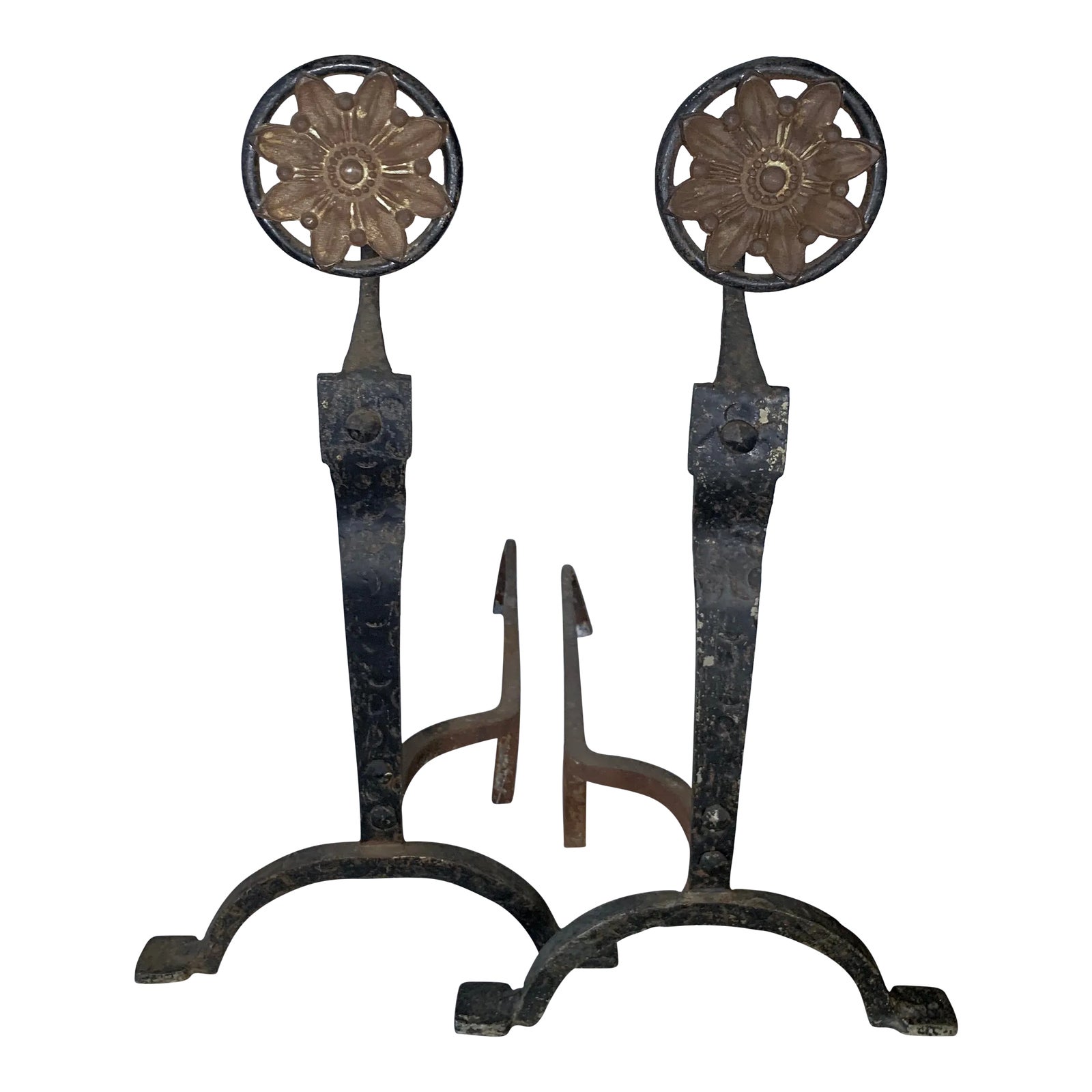 Early 20th Century Arts & Crafts Floral Medallion Cast Iron Andirons ...