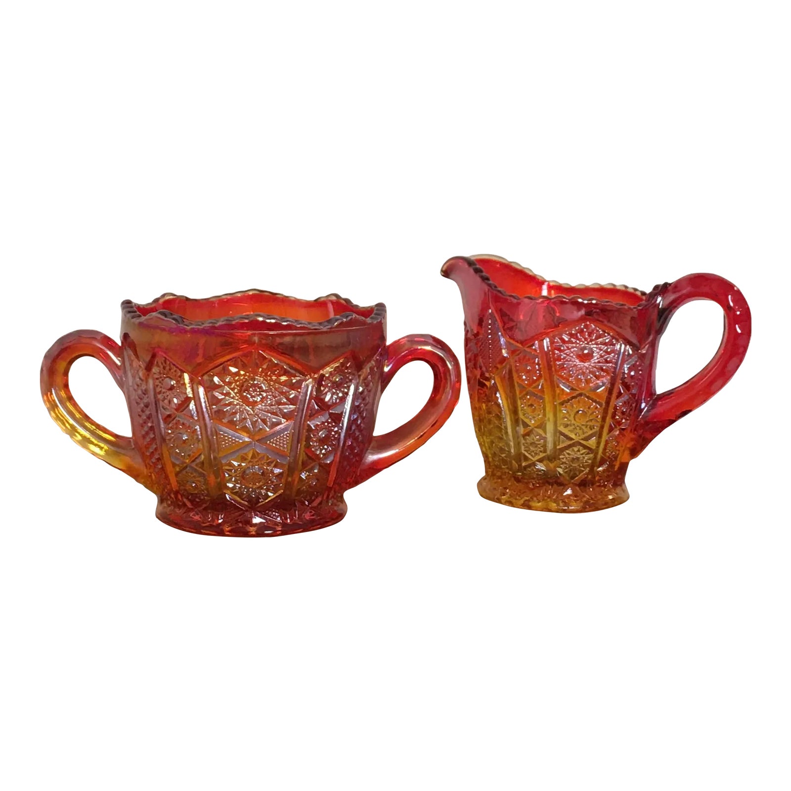 Mid 20th Century Iridescent Red Sunrise Glass Cream Pitcher and Loving ...