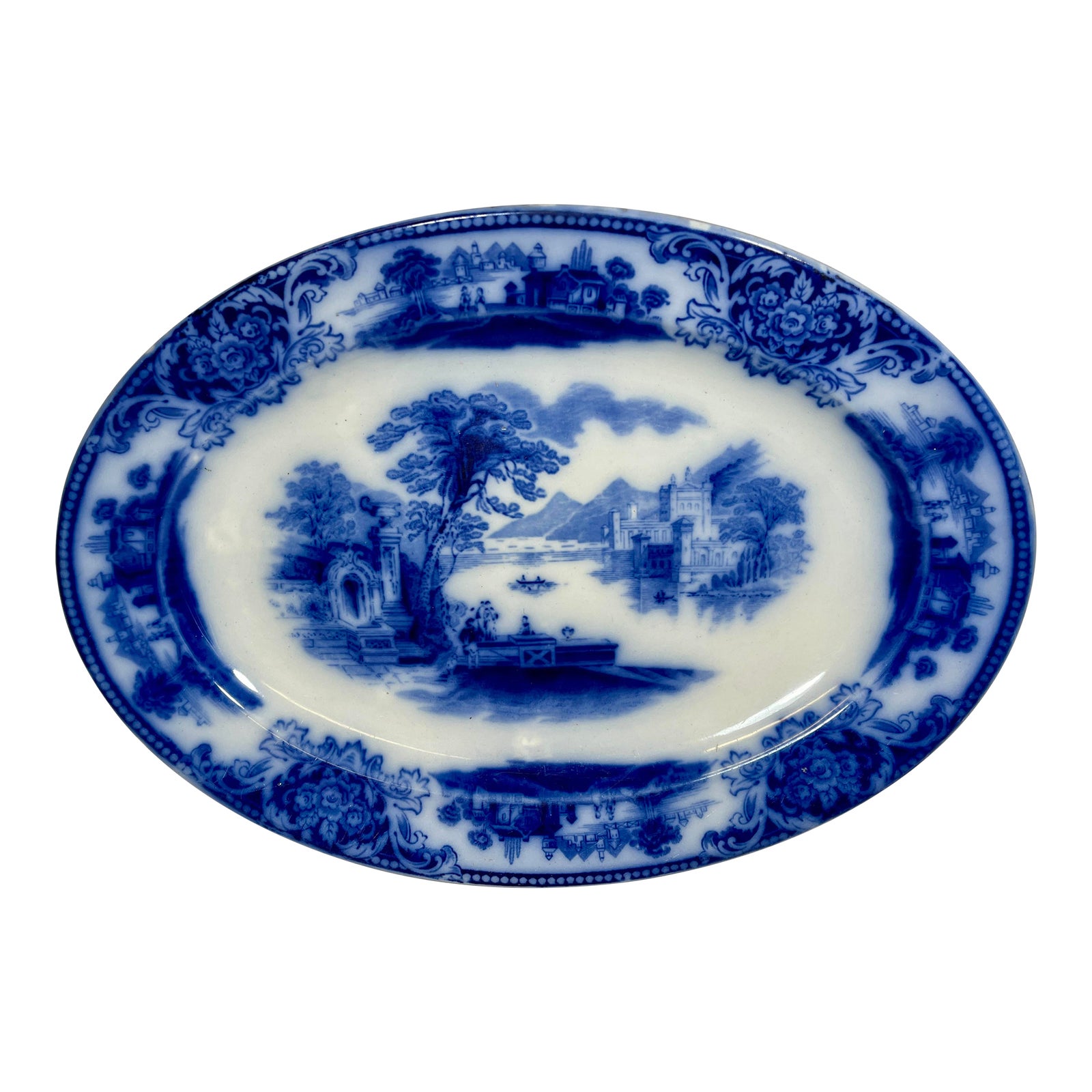 Antique W H Grindley & Co Flow Blue Platter in the Lake Scene Shanghai ...