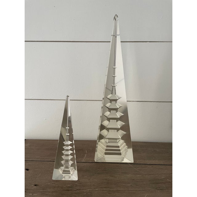 A Pair of Hoya Reverse Cut Crystal Pagoda Obelisks | Chairish