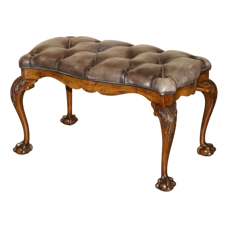 Antique English Burr Walnut Brown Leather Claw and Ball Window Seat ...