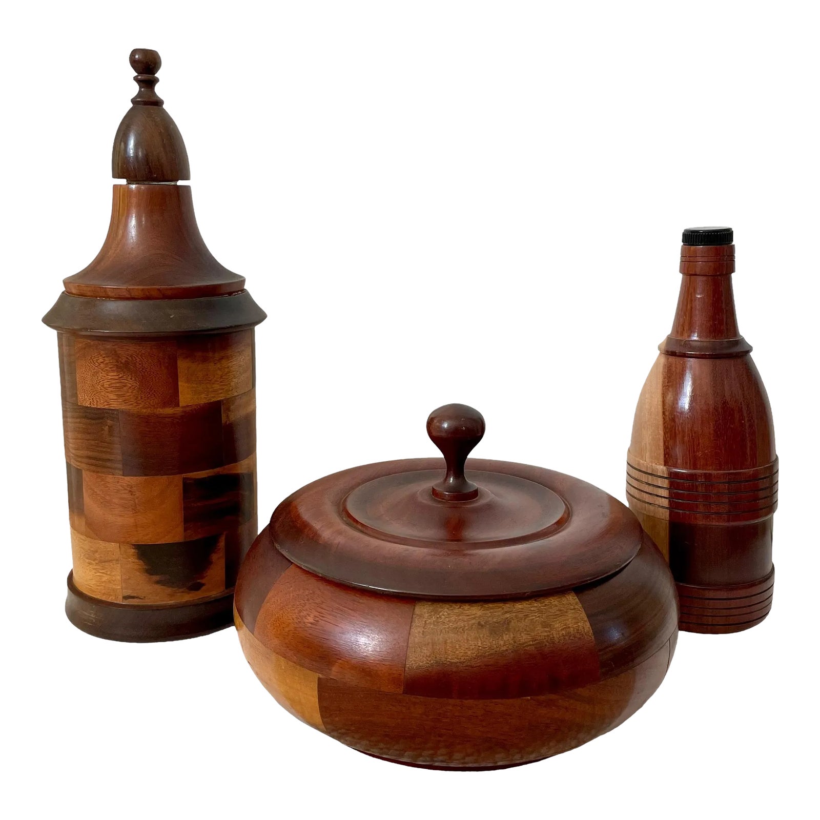 Vintage Segmented Wood Decanter Bar Set. Set of Three. | Chairish