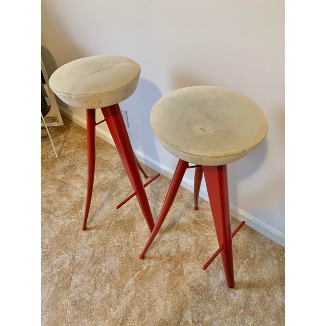 Mid 20th Century Jean Prouve Style Red 3 Legged Bar Stools - a Pair ...