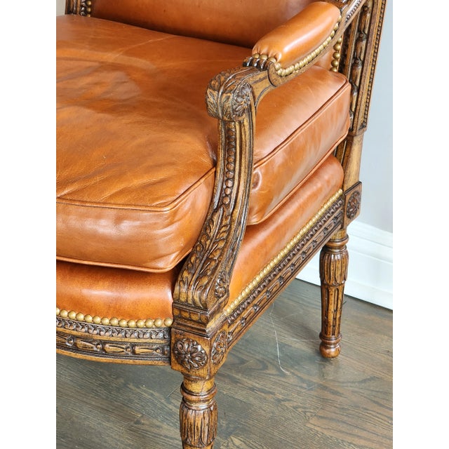 Lewis Mittman Genuine Leather Carved Wood St Laurent Fauteuil Accent Armchair | Chairish