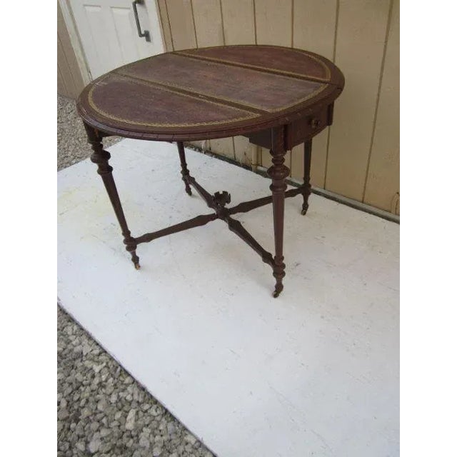 Early 1900s Side Round Table Two Drop Leaf on Wheels Two Drawer Dark ...