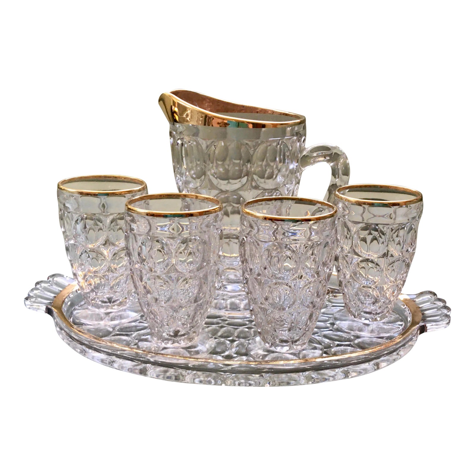 Vintage Jeanette Thumbprint Gold Trimmed Glass Iced Tea Set- 6 Pieces ...