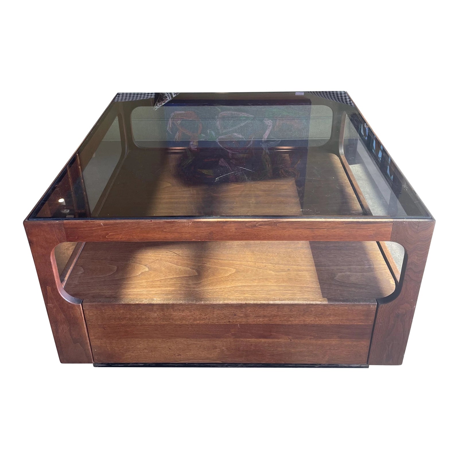 1970's Walnut + Glass Coffee Table by Brown Saltman | Chairish