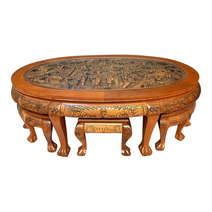 Mid 20th Century Chinese Oval Carved Coffee Table and 6 Nesting Stools ...