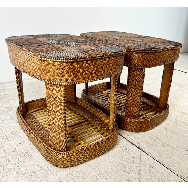 Vintage Woven Pencil Reed Rattan Side Tables- a Pair | Chairish