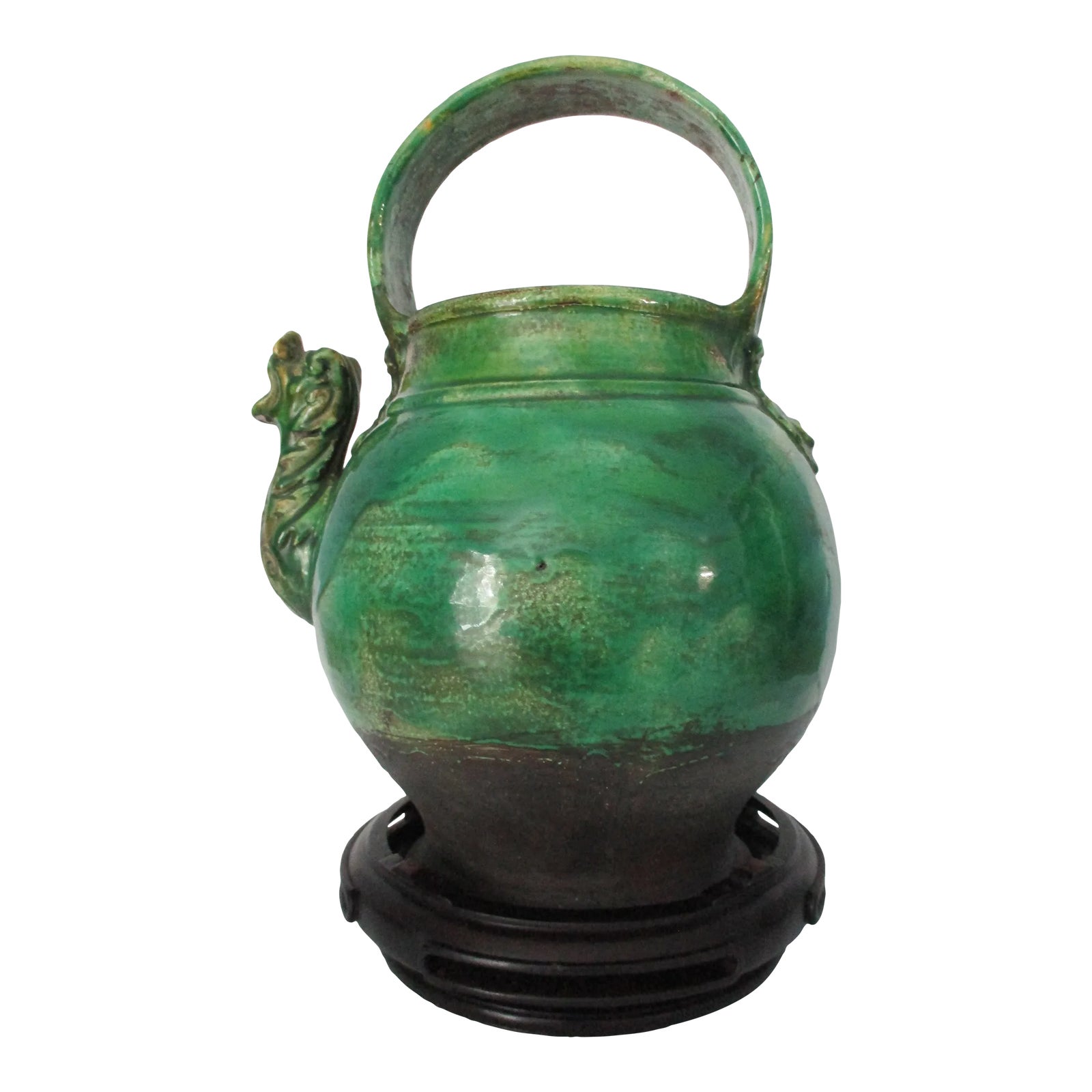 Italian Green Glazed Dragon Spout Pot on Hongmu Wooden Stand | Chairish