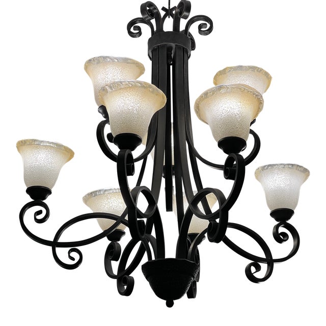 Nine Light Glass + Iron Chandelier | Chairish