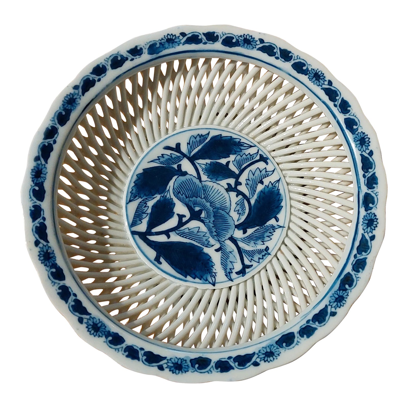 Mid 20th Century Asian Blue White Dish Signed in Japanese Kanji | Chairish