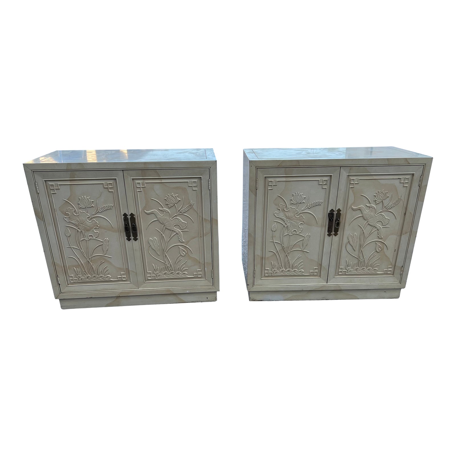 Pair - Vintage Henredon Folio 16 Chinoiserie Faux Goatskin Cabinets ...