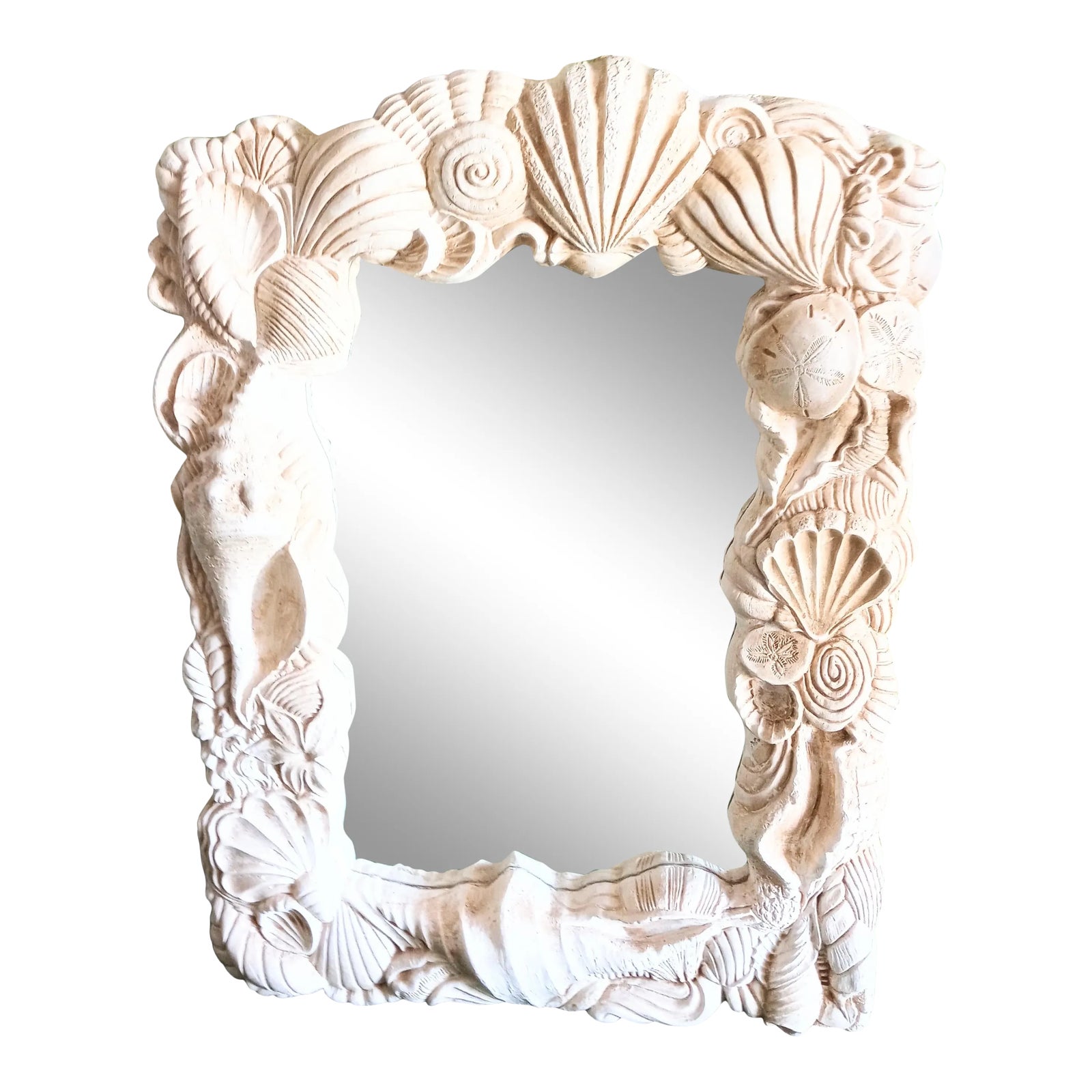 1980s Molded Plaster Coastal Seashell Large Wall Mirror | Chairish