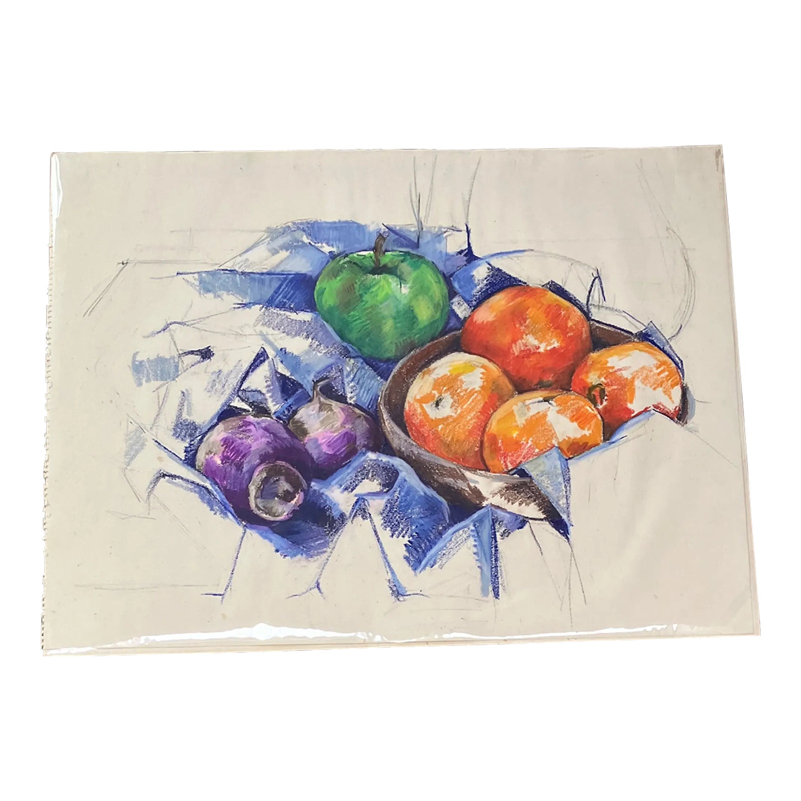 1970’s Original Cubist Pastel Still Life Drawing Fruit & Beets | Chairish