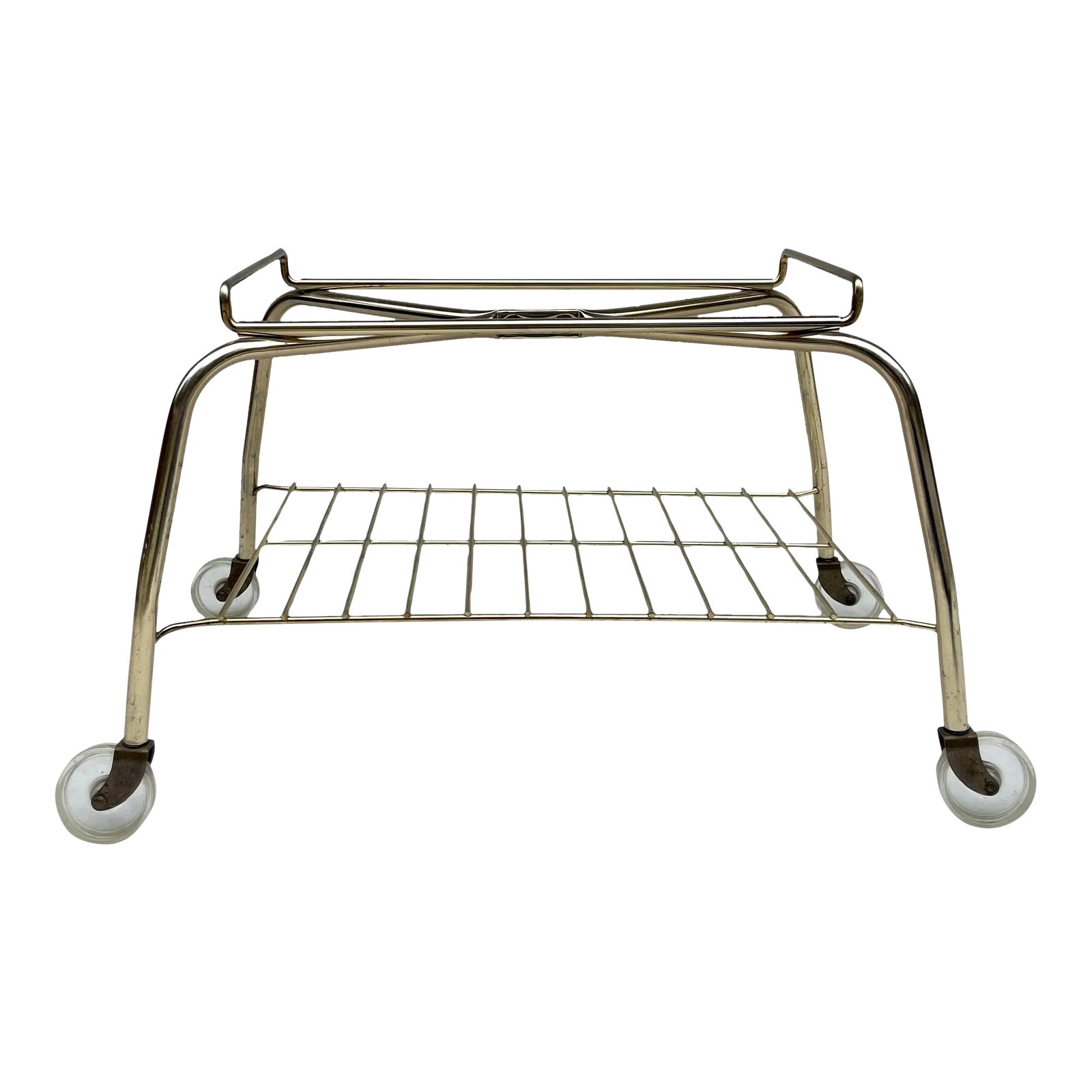 Mid-Century Modern Gold Metal Rolling Record Display Cart | Chairish