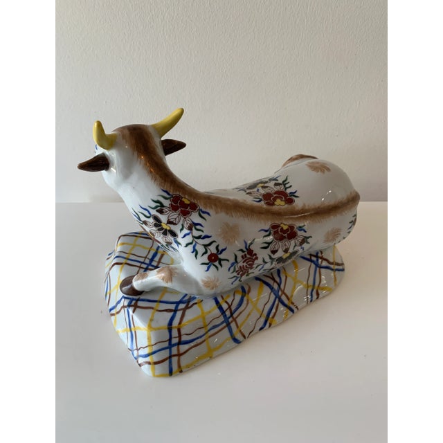 Mid 20th Century Japanese Porcelain Seated Cow-In the Style of Delft ...