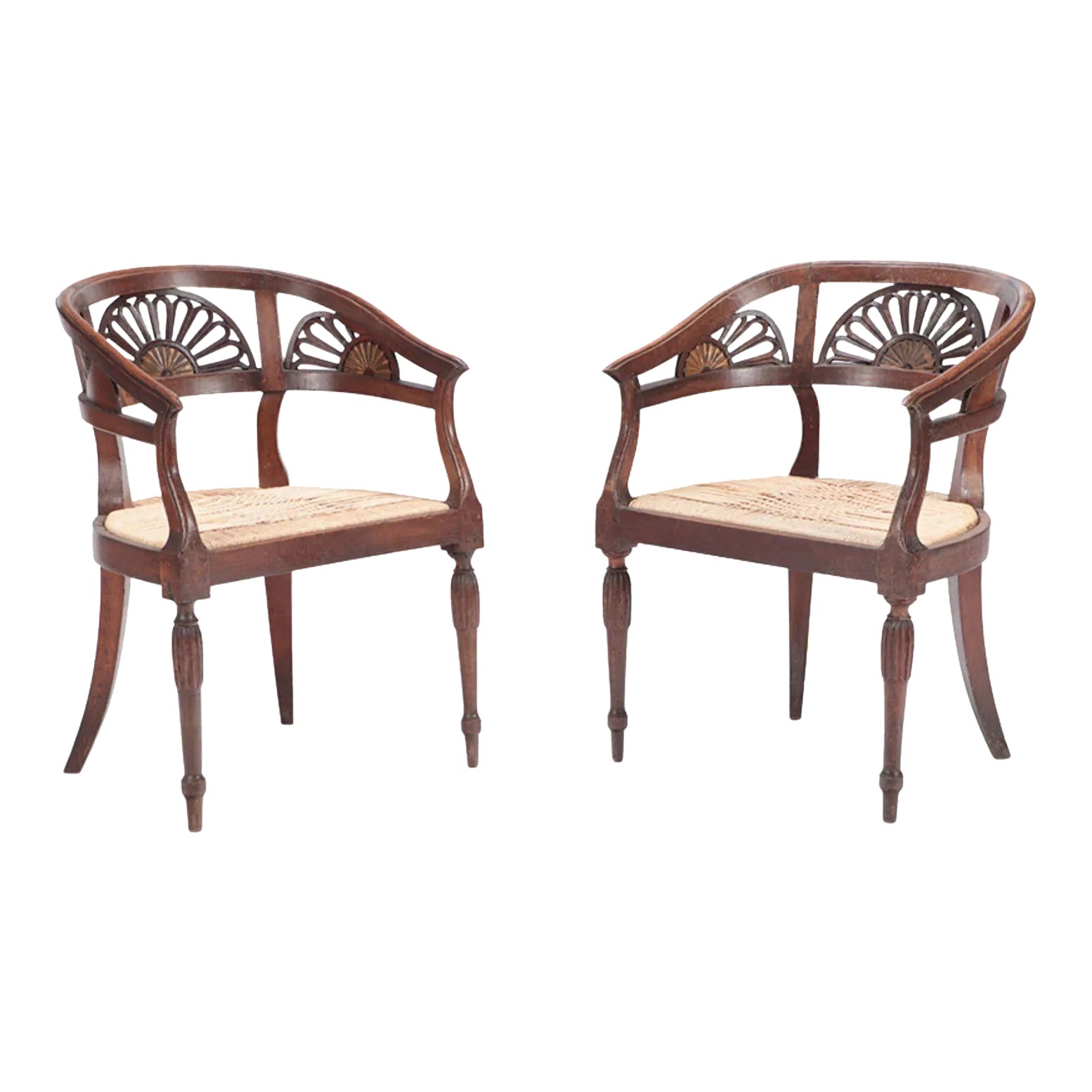 Italian Walnut Open Arm Chairs With Cord Seats and Cut Out Design ...
