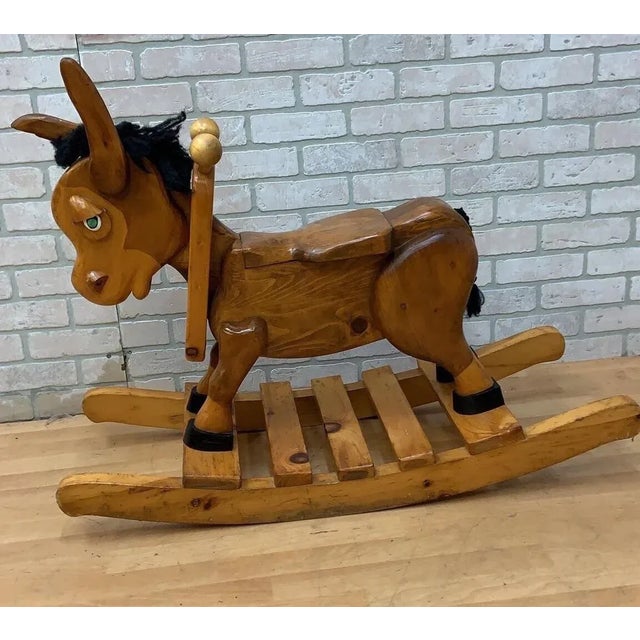 Mid 20th Century Vintage Hand Made Wood Carved Rocking Donkey | Chairish