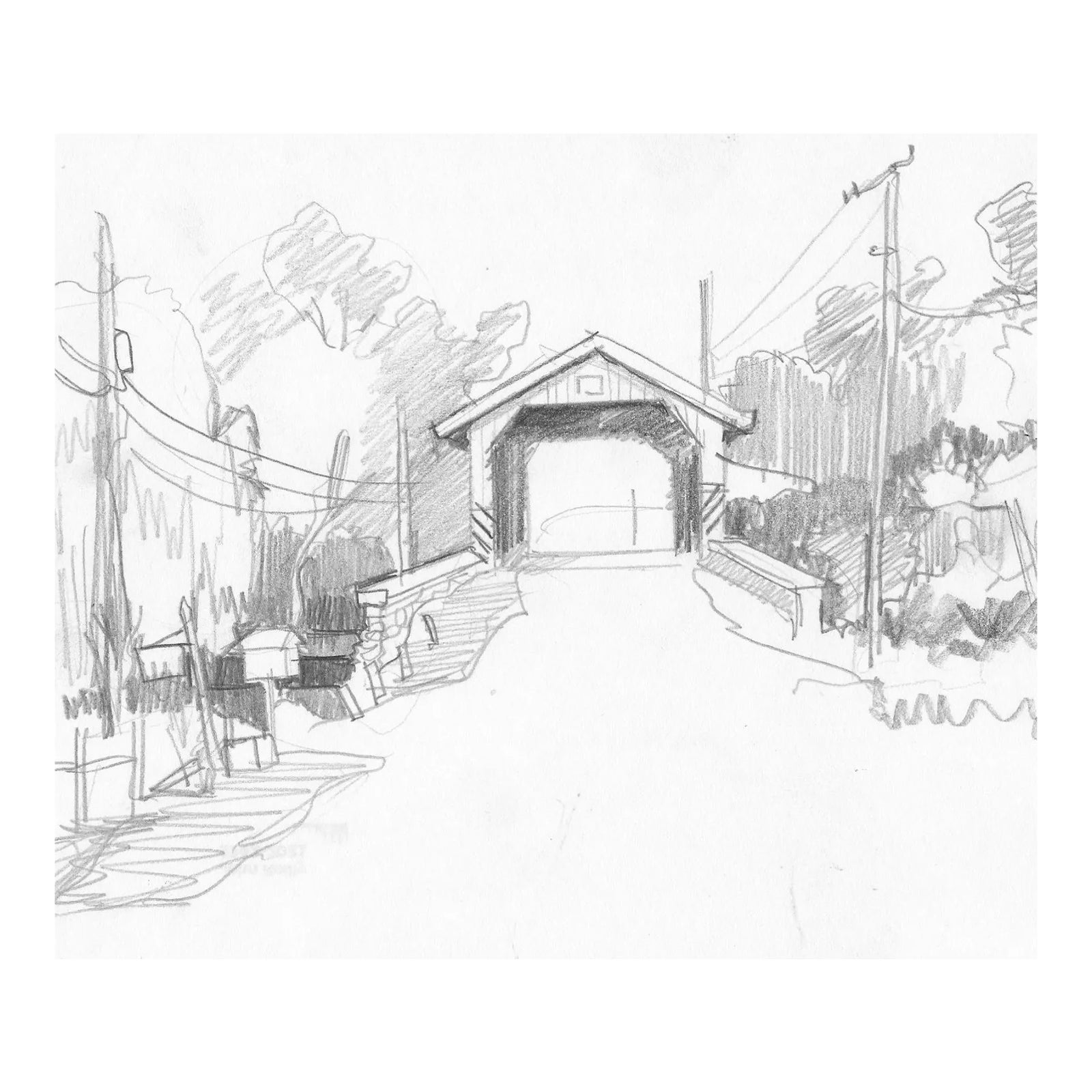 1980s John Reilly Covered Bridge Drawing | Chairish