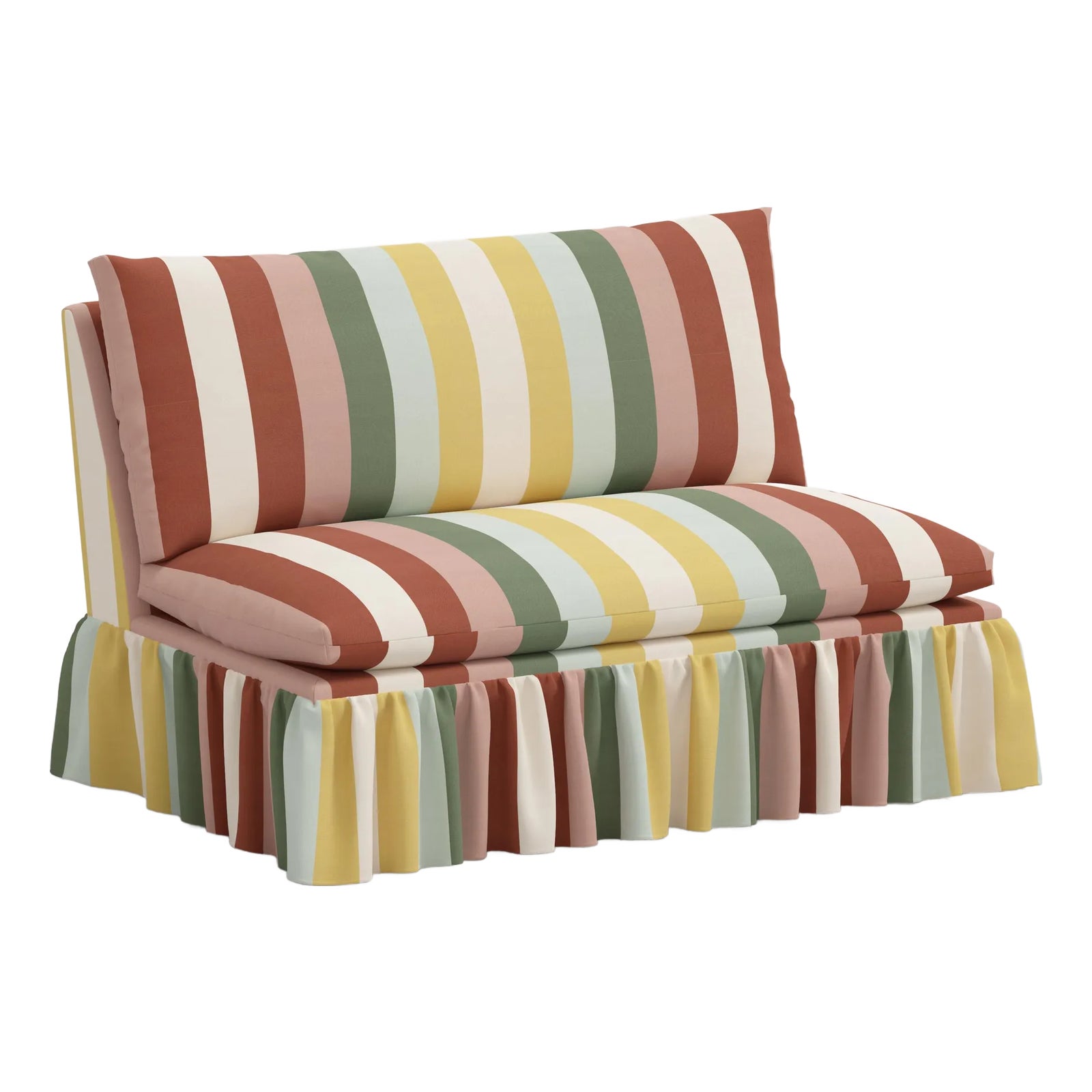 Spritely Home Capra Ruffle Settee in Xl Canopy Stripe Multi | Chairish